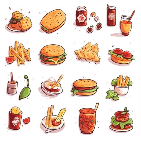 음식 터 디자인 레스토랑 메뉴 아이콘 일러스트 햄버거 피자 세트 식사 그래픽 음료 프리미엄 Ai 생성 벡터