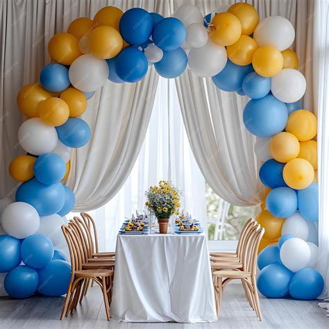 Premium Photo An Arch Setup With Blue And Yellow Balloons