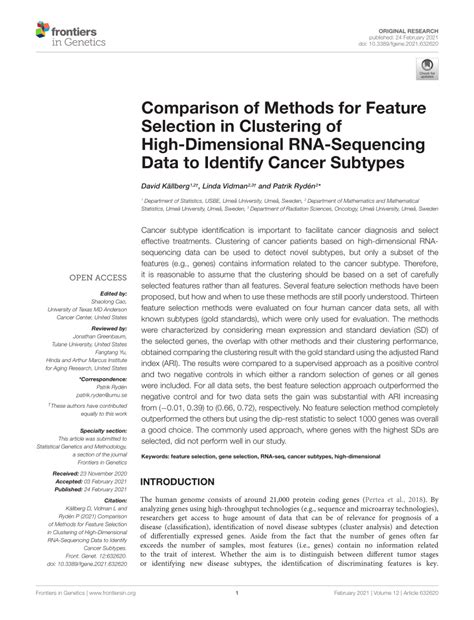 pdf comparison of methods for feature selection in clustering of high dimensional rna