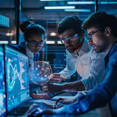 Team Of Data Analysts Working Together On Computer Screens To Analyze Data And Trends Premium