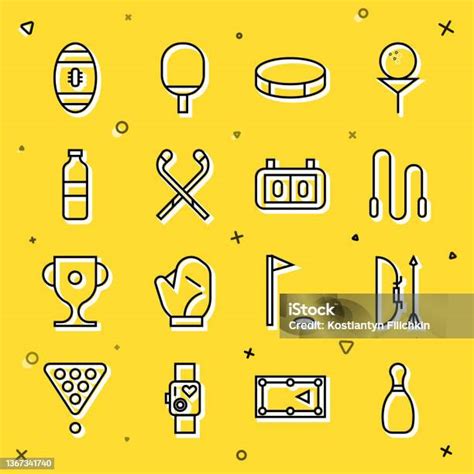 세트 라인 볼링 핀 화살표 떨림 점프 로프 하키 퍽 아이스 하키 스틱 물 병 미식 축구 공 과 스포츠 기계 점수 판 아이콘 벡터 가죽에 대한 스톡 벡터 아트 및 기타 이미지