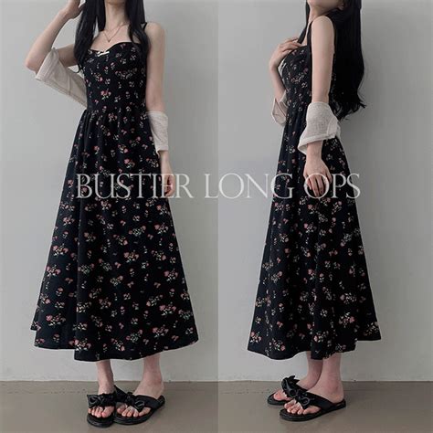 기획특가 휴가룩끈조절o 티루 플라워 프린팅 스모크 밴딩 뷔스티에 롱 원피스 에이블리