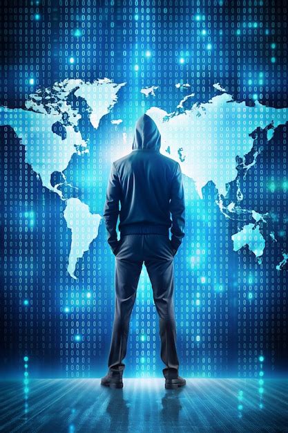 Hacker Standing And Prepare To Attack With Cyber Crime Icons On World Map And Screen Binary Code