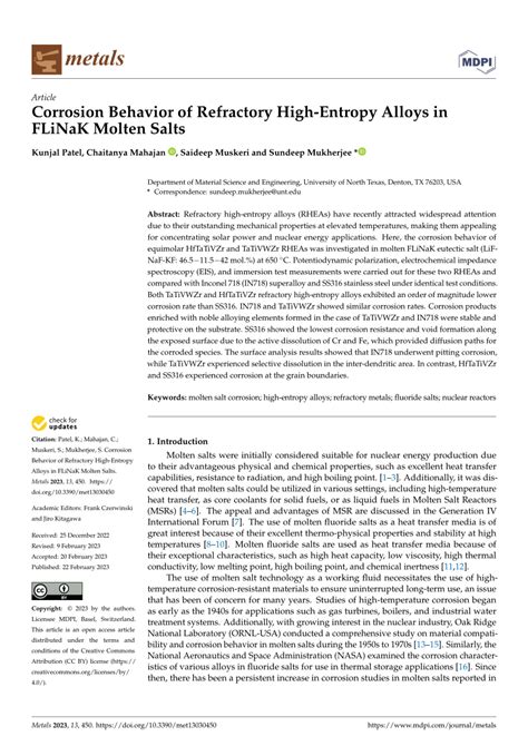 Pdf Corrosion Behavior Of Refractory High Entropy Alloys In Flinak Molten Salts
