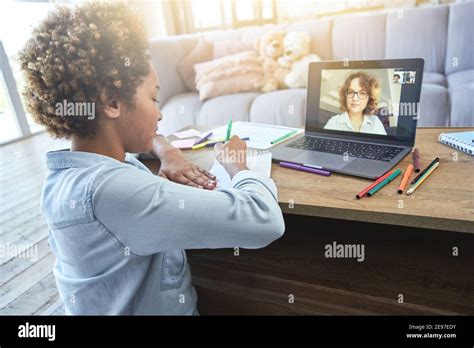 Teen Babe Girl Drawing While Having Online Lesson With Her Teacher Via Video Chat App During