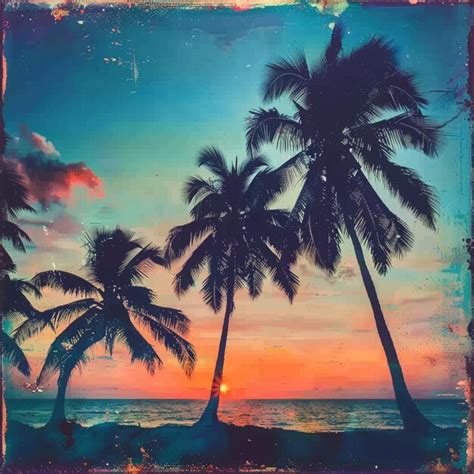 Palm Trees Silhouettes On Tropical Beach At Sunset Modern Vintage