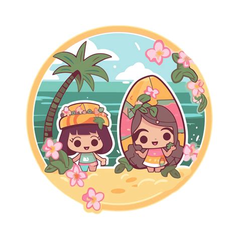 귀여운 하와이 소녀들 서핑 보드 소녀 벡터 일러스트 레이 션 고립 된 만화 하와이 배경으로 스티커 디자인 상표 Png 일러스트 및 벡터 에 대한 무료 다운로드