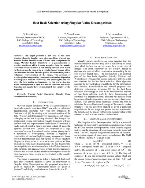 Pdf Best Basis Selection Using Singular Value Decomposition