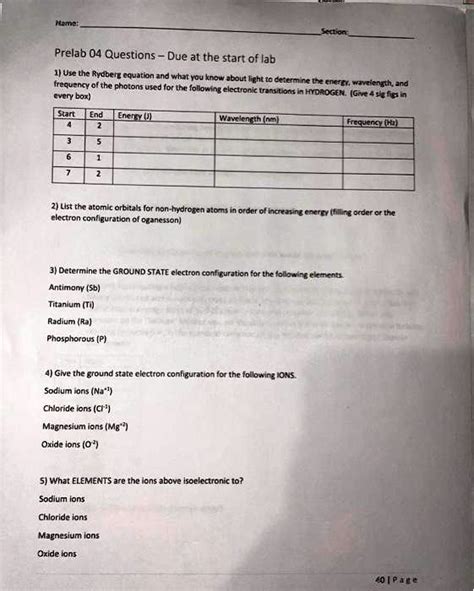 Mame Section Prelab 04 Questions Due At The Start Of Lab 1 Use The Rydberg Equation And What