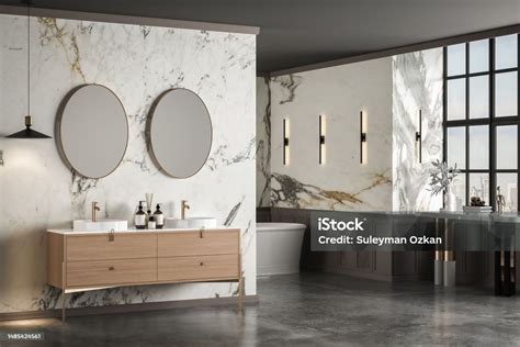 더블 세면대 세면대 대리석 벽 콘크리트 바닥 펜던트와 벽 램프 욕실 액세서리 흰색 고급 욕조가 있는 고급스러운 욕실입니다 3d 렌더링 0명에 대한 스톡 사진 및 기타 이미지