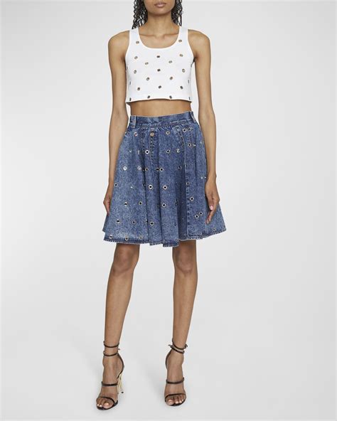 Alaia Grommet Eyelet Acid Wash Denim Skater Skirt Neiman Marcus