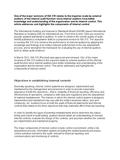 Isa 315 Revised Pdf Audit Internal Control