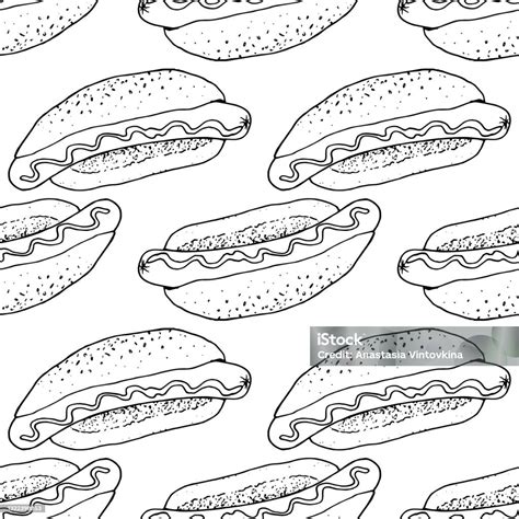 벡터 원활한 핫도그 패턴 메뉴 디자인 템플릿 간판 포장을 위한 흰색 배경에 검은 윤곽선의 스케치 스타일로 그려진 점과 소스 패턴이 있는 롤빵에 길거리 음식 패스트 푸드