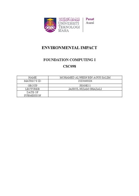 Ai Csc Assignment Individu Csc099098 Tk Igt Environmental Impact Foundation Computing I