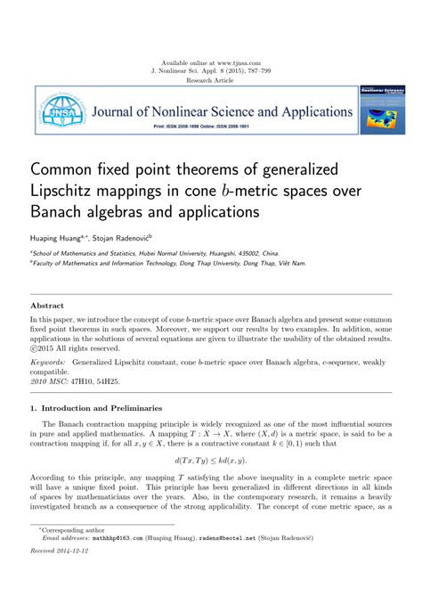 Pdf Common Fixed Point Theorems Of Generalized Lipschitz Mappings In Cone B Metric Spaces Over