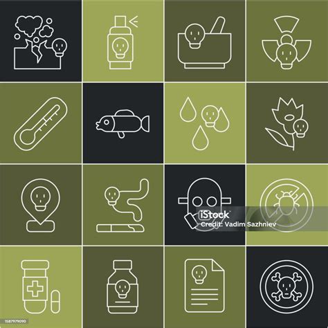 세트 라인 뼈와 두개골 콜로라도 딱정벌레 독 꽃 박격포 유봉 복어 온도계 가스 연기의 유독 구름 및 산성비 아이콘 벡터 곤충에 대한 스톡 벡터 아트 및 기타 이미지 Istock