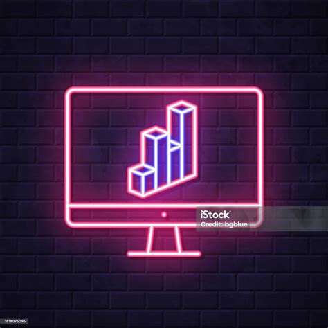3d 차트가 있는 데스크톱 컴퓨터 벽돌 벽 배경에 빛나는 네온 아이콘 3차원 형태에 대한 스톡 벡터 아트 및 기타 이미지 3차원 형태 개념 그래프 Istock