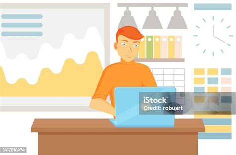 사무실에서 일하는 남성 캐릭터 직원이 키보드에 컴퓨터 타이핑을 한 채 테이블에 앉아 있습니다 Brand Name Online Messaging Platform에 대한 스톡