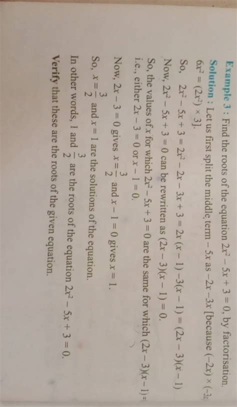 Example 3 Find The Roots Of The Equation 2x2−5x 3 0 By Factorisation