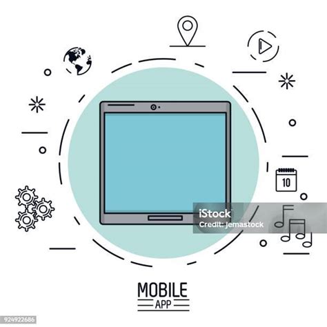 흰색 배경에 파란색 원 및 일반적인 아이콘 주위에 태블릿 장치와 모바일 애플 리 케이 션의 포스터 그래픽 사용자 인터페이스에 대한 스톡 벡터 아트 및 기타 이미지 Istock