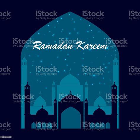 라마단 카림의 거룩한 달의 이슬람 축제 인사말 이나 초대 카드 배너 전단지 포스터 디자인 템플릿에 대 한 별이 빛나는 배경에 모스크 돔 실루엣 벡터 그림입니다 0명에 대한