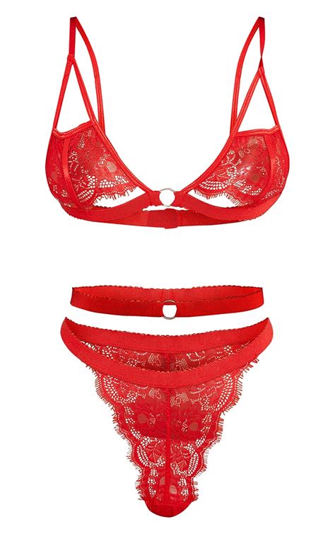 Red Triangle Lace Cut Out Lingerie Set Prettylittlething Usa