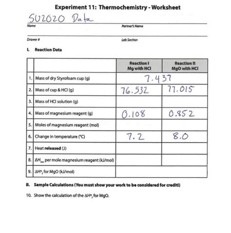 Solved Experiment 11 Thermochemistry Worksheet Su2020