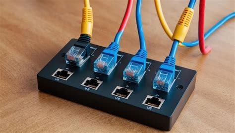 A Top Down View Of An Ethernet Hub Connected With Multiple Cables Premium Ai Generated Image