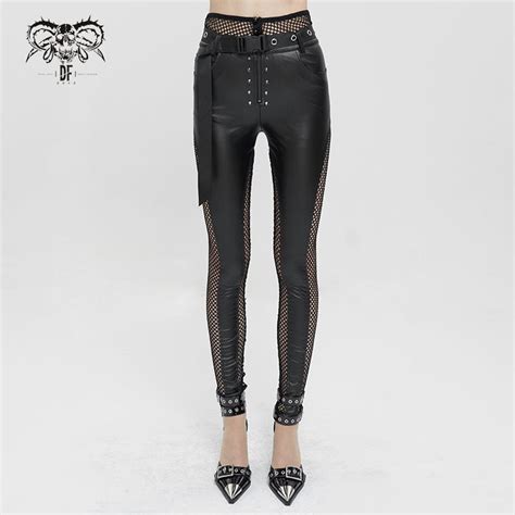 Womens Punk Mesh Splice Rivets Leggings With Belt Punk Design