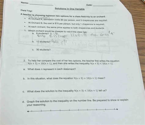 Name Date Solutions In One Variable Field Trip A Teacher Is Choosing Between Tw Math