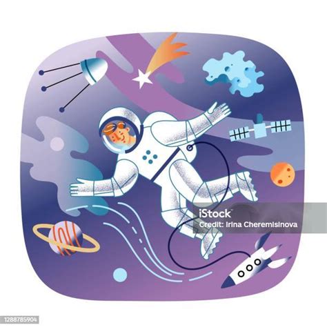 우주 선 외부 우주에 떠있는 우주 비행사 행성 혜성 위성밤 하늘을보고 우주복에 행복한 남자 달과 행성 여행 탐색 벡터 일러스트 달 하늘에 대한 스톡 벡터 아트 및 기타