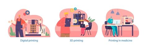 문자가 포함된 격리된 요소는 3d 인쇄 혁신 기술을 사용하여 건축 의학 및 어린이 교육에서 3차원 개체 프로토타입 만들기 만화 사람 벡터 그림 프리미엄 벡터