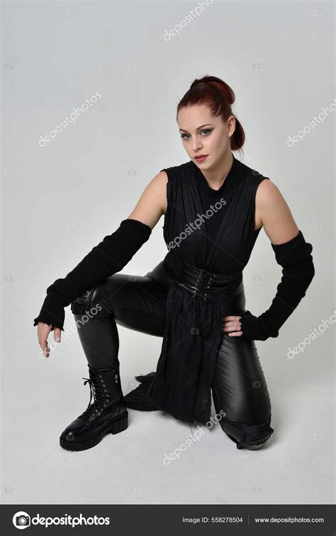 Full Length Portrait Pretty Redhead Female Model Wearing Black