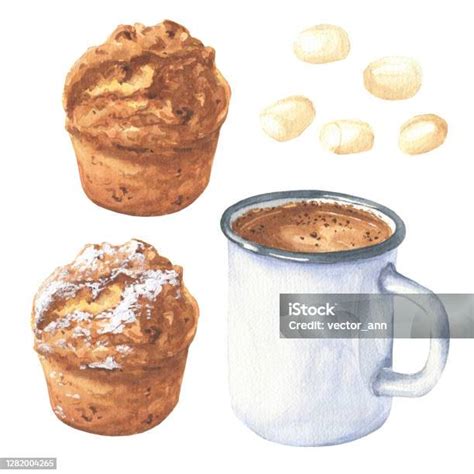 카바오와 마시멜로 한 잔이 있는 수채화 머핀 손으로 그린 맛있는 음식 일러스트레이션 흰색 배경에 고립되어 있습니다 수채화에 대한 스톡 벡터 아트 및 기타 이미지 Istock