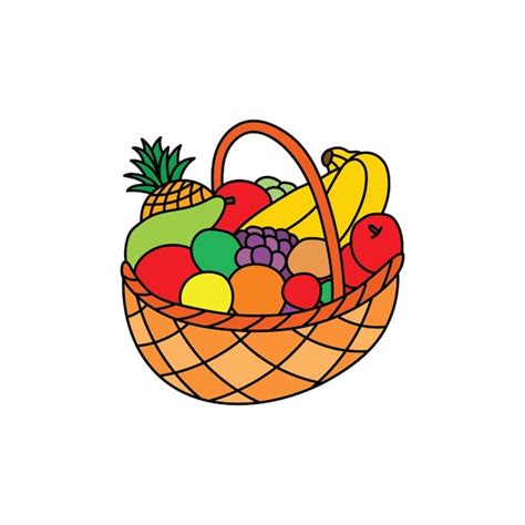 아이 그리기 만화 벡터 일러스트 바구니 아이콘에 귀여운 과일 흰색 배경에 고립 프리미엄 벡터