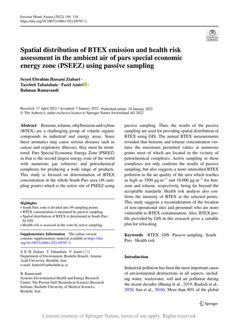 Spatial Distribution Of Btex Emission And Health Risk Assessment In The Ambient Air Of Pars