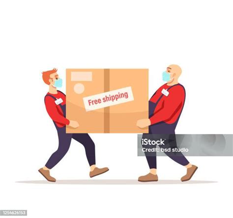외과 마스크 세미 플랫 Rgb 컬러 벡터 일러스트레이션에서 배달 남자 흰색 배경에 큰 소포 고립 만화 문자를 제공하는 택배 코로나바이러스 발생 시 무료 배송 20 29세에