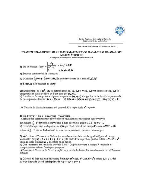 Final Regular Analisis Matematico Ii Calculo Iii Analisis