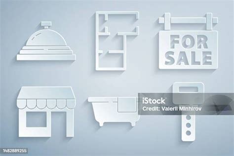 욕조 판매 시장 상점 집 열쇠 계획 및 호텔 서비스 벨 아이콘과 교수형 기호를 설정합니다 벡터 3차원 형태에 대한 스톡 벡터 아트 및 기타 이미지 Istock