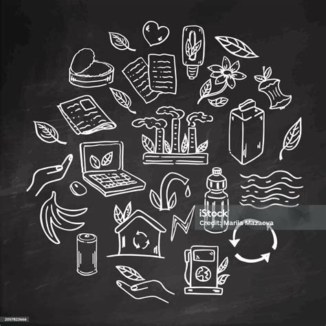 생태학의 집합입니다 원 안의 요소 손으로 그린 낙서 벡터 그림 칠판 배경 생태 문제 재활용 및 녹색 에너지 아이콘 환경 기호 개념에 대한 스톡 벡터 아트 및 기타 이미지
