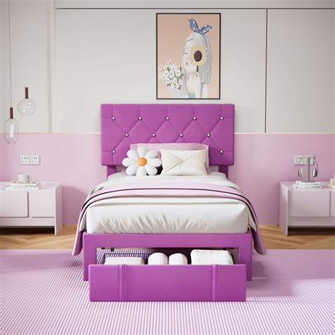 Vecelo Upholstered Bed With Storage 1 Drawer Purple Bed Frame Twin