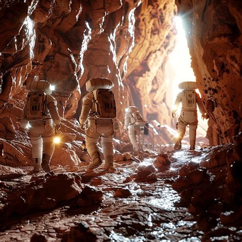 Astronauts Exploring Mars Caves In Advanced Suits Premium Ai