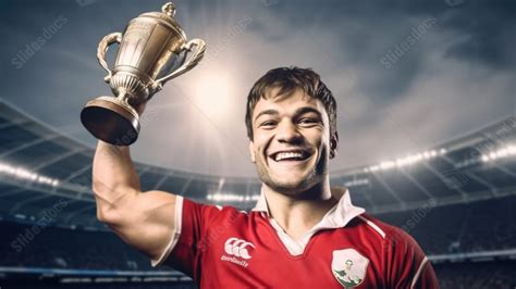 Composite 3d Image Featuring Ecstatic Rugby Player Embracing Trophy