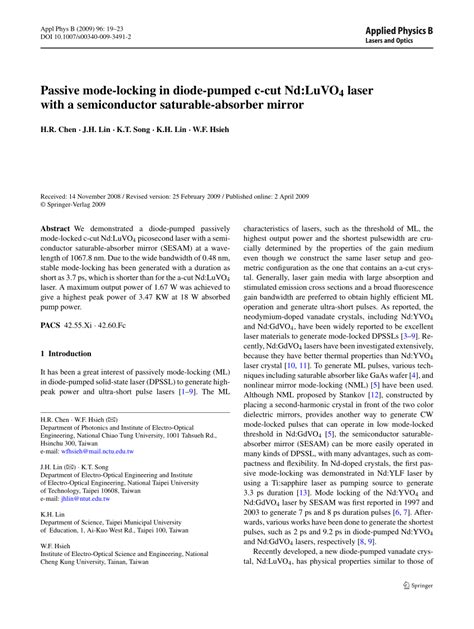 Pdf Passive Mode Locking In Diode Pumped C Cut Ndluvo 4 Laser With A