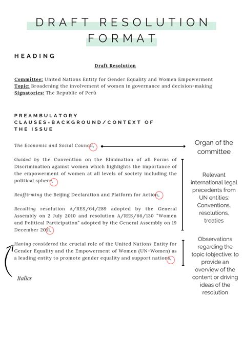 Draft resolution format MUN Apuntes de Inglés Docsity