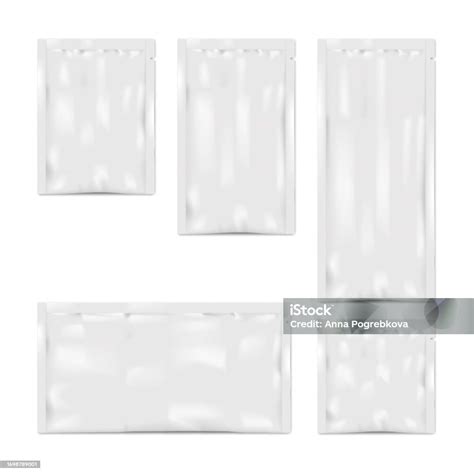 찢어진 노치가 있는 빈 흰색 향 주머니 패킷 벡터 모형 세트입니다 화장품 의료 또는 식품 모형 키트를 위한 개별 플라스틱 파우치 패키지 디자인용 템플릿 3차원 형태에 대한