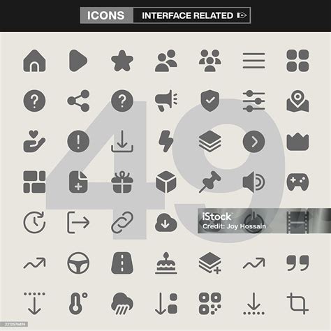 49개의 인터페이스 아이콘 모음으로 탐색 멀티미디어 설정 사회적 상호 작용 등과 같은 필수 Ui 요소를 다룹니다 앱 디자인 웹 개발 Ui Ux 및 디지털 브랜딩에 이상적 0