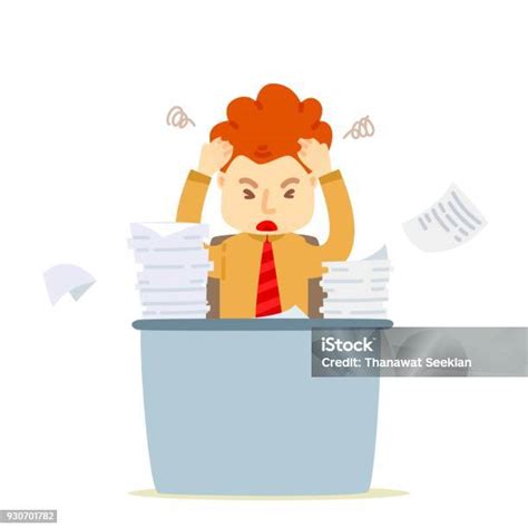 벡터 만화 사업가 바쁜 다르며 스트레인 문서 종이 더미 일 Depressed 소진 스트레스 또는 긴장 열심히 사업 실패 심각한