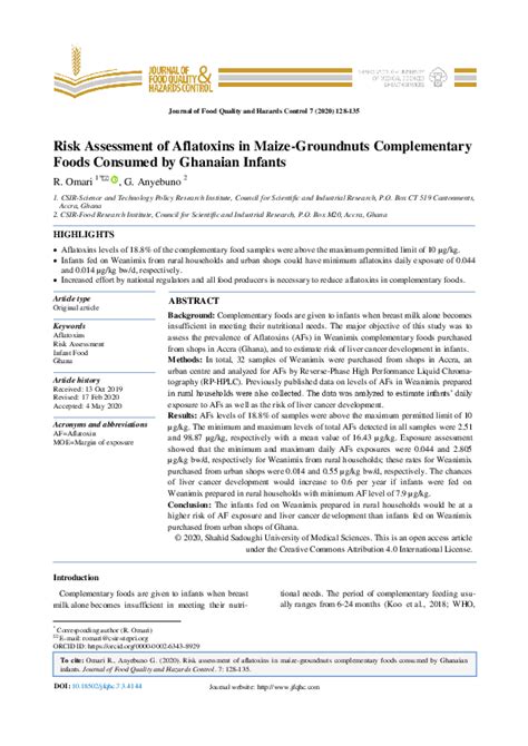 Pdf Risk Assessment Of Aflatoxins In Maize Groundnuts Complemen Tary Foods Consumed By