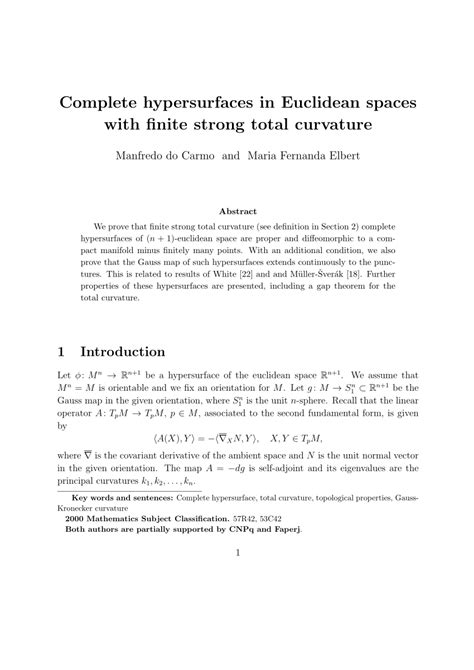 Pdf Complete Hypersurfaces In Euclidean Spaces With Strong Finite Total Curvature Unpublished